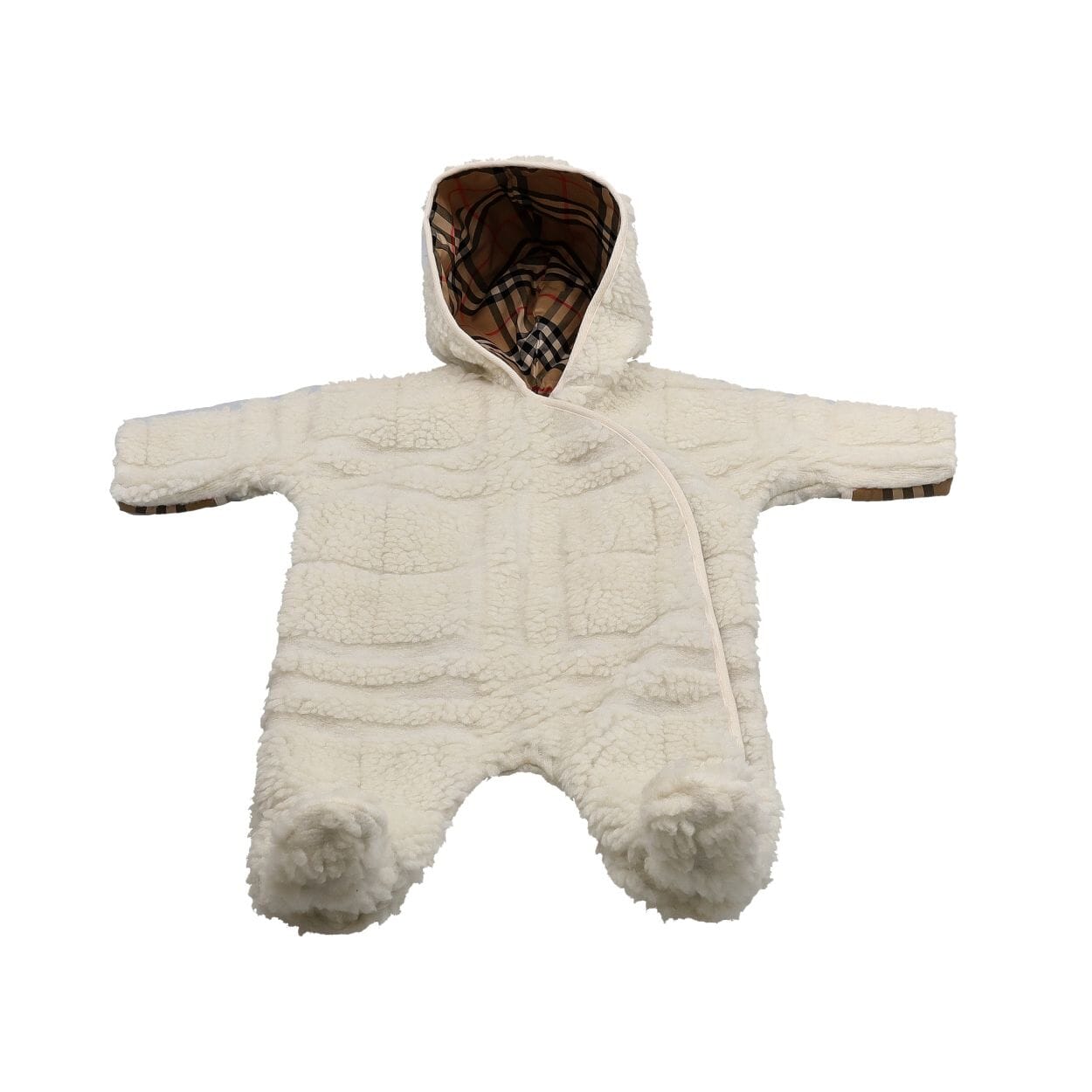 BURBERRY Fleece Check Baby Hooded BabyJumpsuit White | Luxity