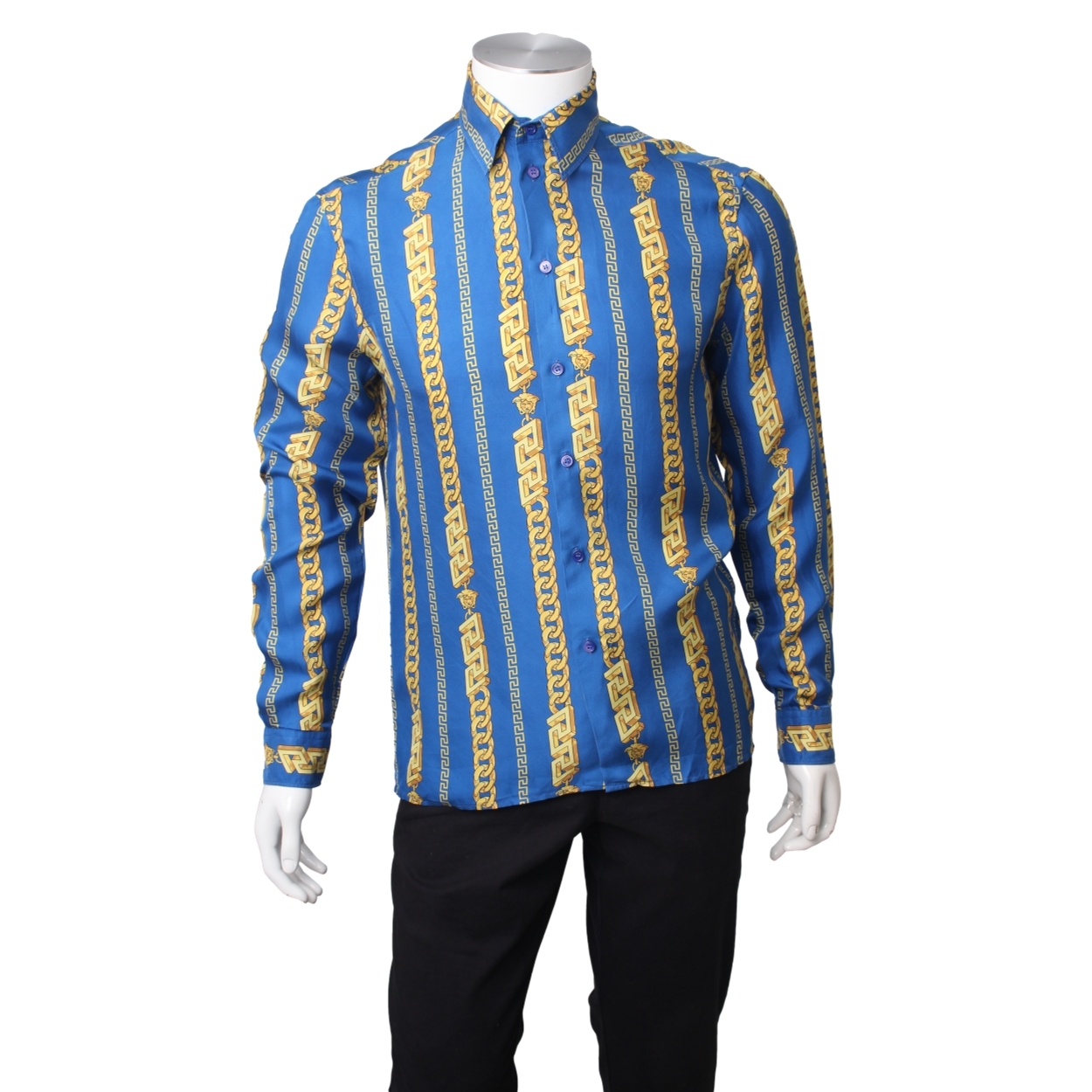 VERSACE Silk Chain Greca Print Shirt Blue/Gold | Luxity