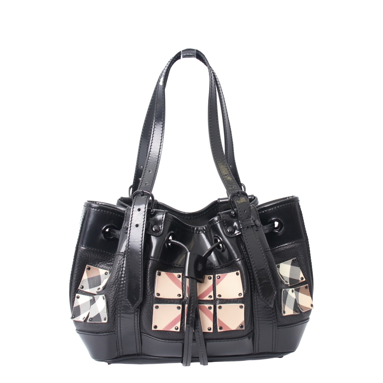 BURBERRY Check Studded Warrior Armor Hobo Black | Luxity