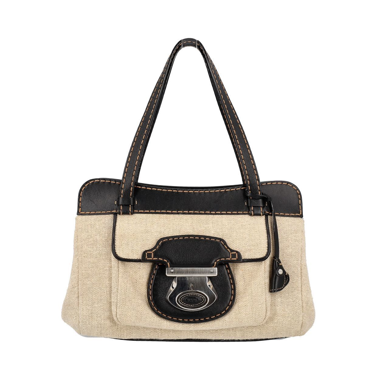TOD'S Leather/Canvas Shoulder Bag Black/Ivory | Luxity