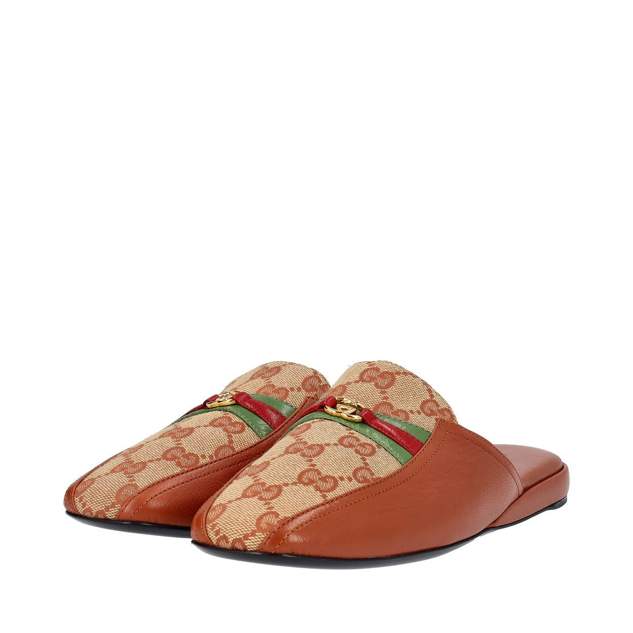 GUCCI Leather/Canvas GG Mules Brown | Luxity