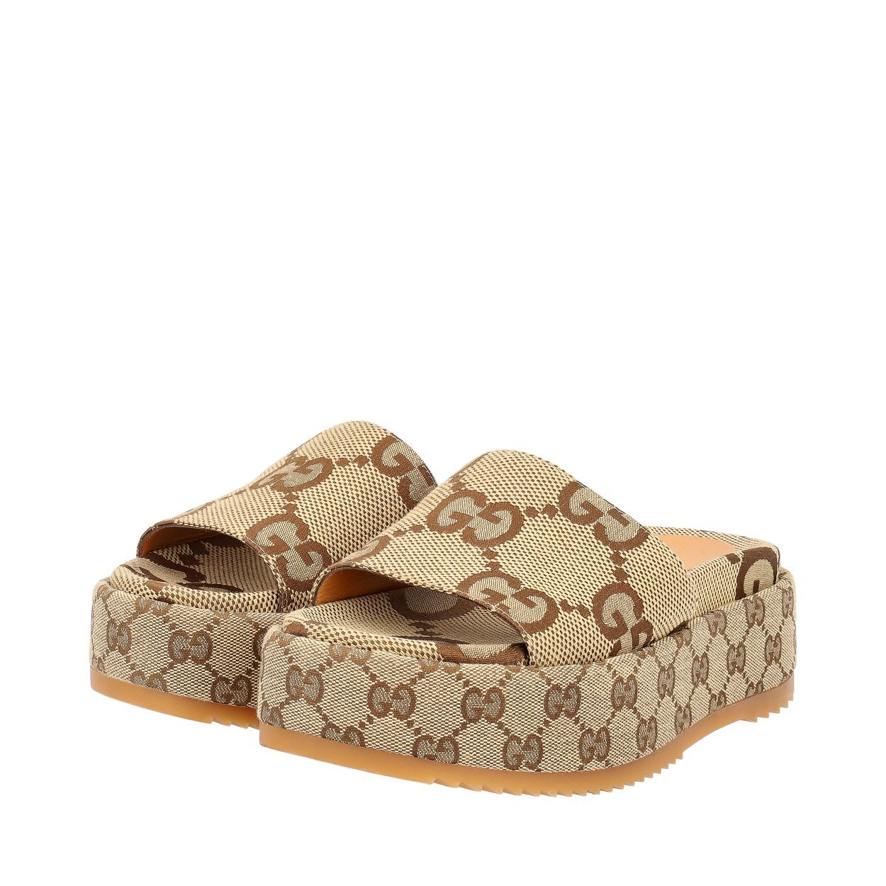 GUCCI Canvas Maxi GG Platform Slides Beige | Luxity