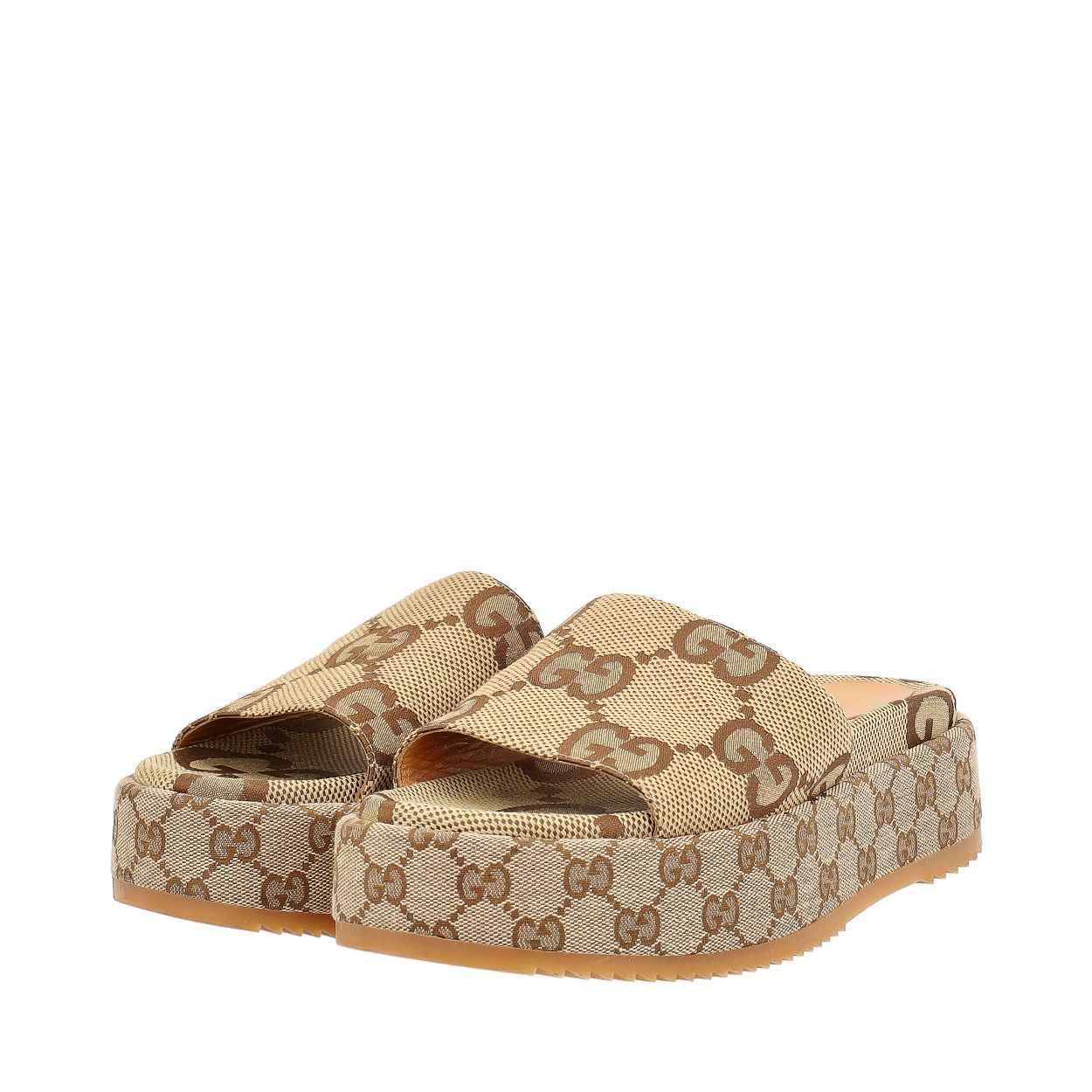 GUCCI Canvas GG Platform Slides Beige | Luxity