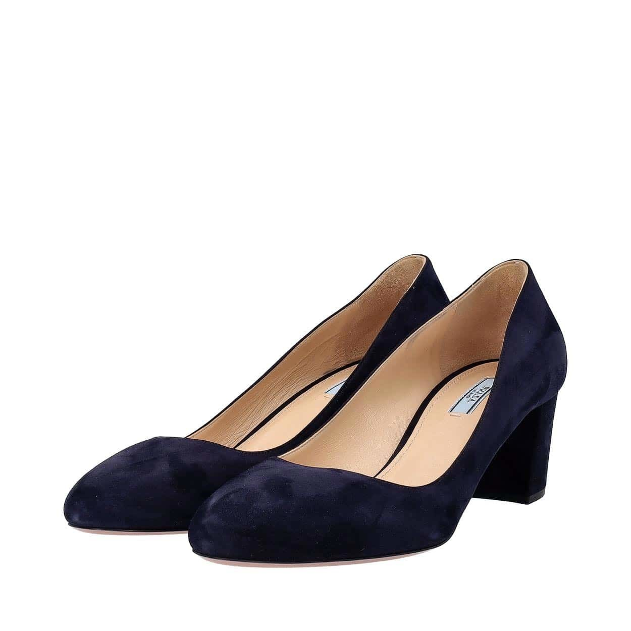 PRADA Suede Block Heel Pumps Navy | Luxity