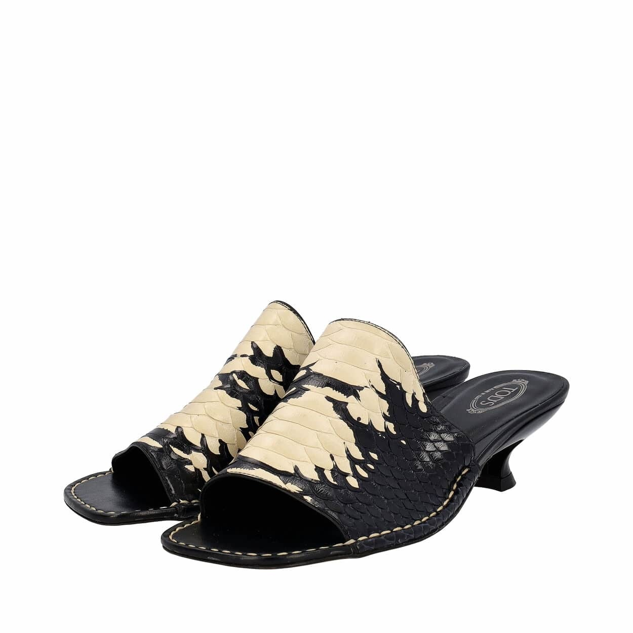 TOD'S Python Kitten Heel Mules Black/White | Luxity