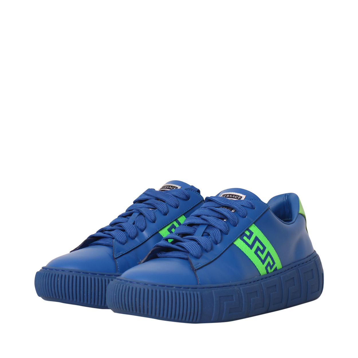 VERSACE Leather Embroidered Greca Sneakers Blue | Luxity