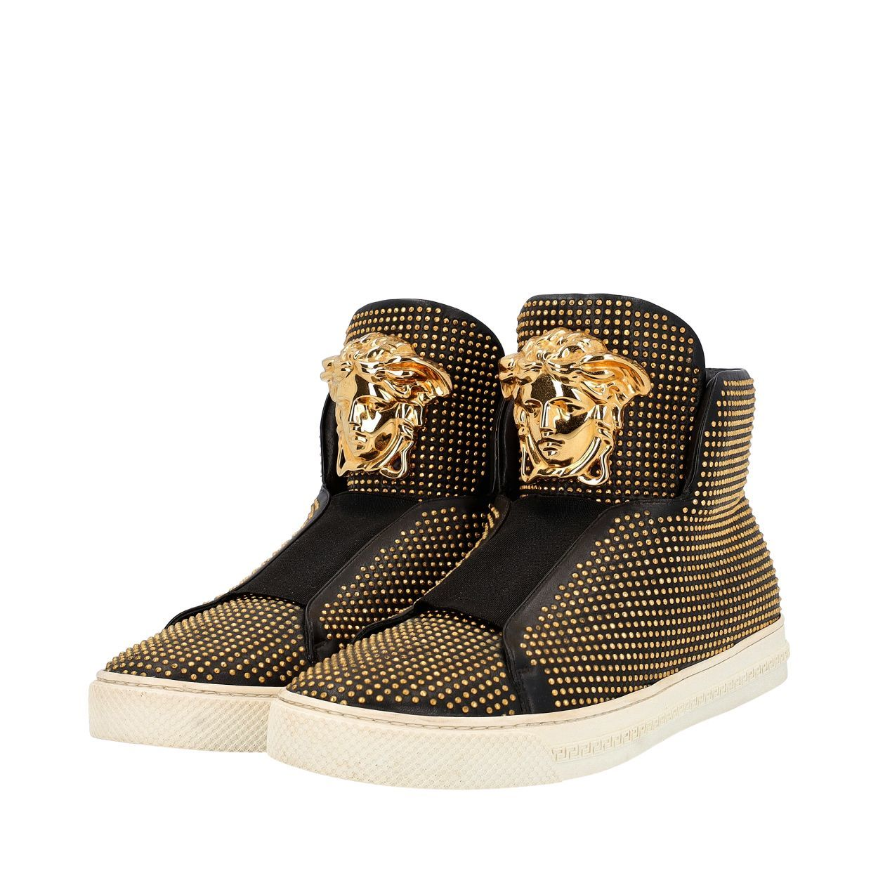 VERSACE Leather Studded Palazzo Sneakers Black/Gold | Luxity